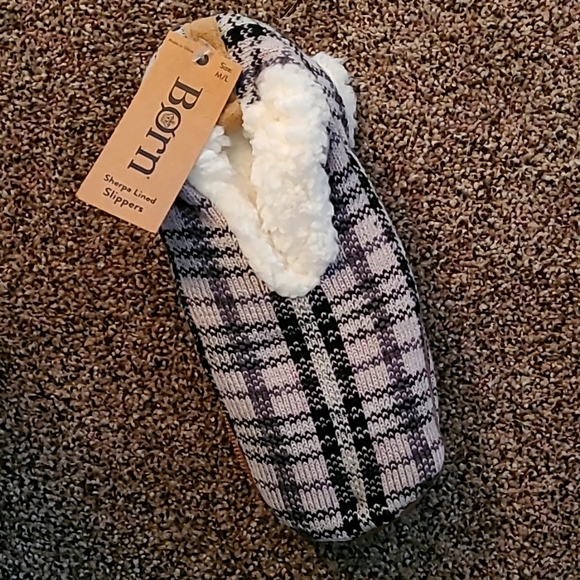 Born | Shoes | Born Sherpa Lined Slippers Tan Grey An Black Plaid ...